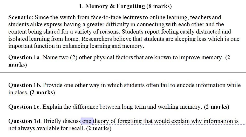 Solved 1. Memory \& Forgetting (8 marks) Scenario: Since the | Chegg.com