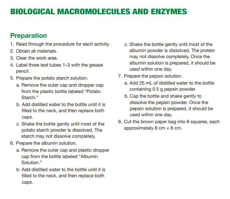 Solved BIOLOGICAL MACROMOLECULES AND ENZYMES Preparation 1. | Chegg.com