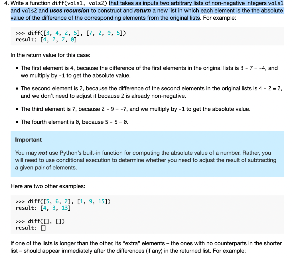Solved 4. Write a function diff(valsi, vals2) that takes as | Chegg.com