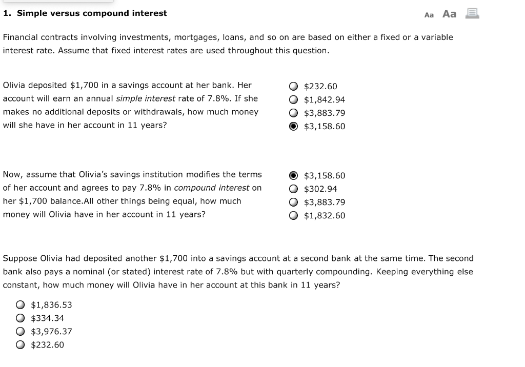 Solved 1. Simple versus compound interest Aa Aa Financial | Chegg.com