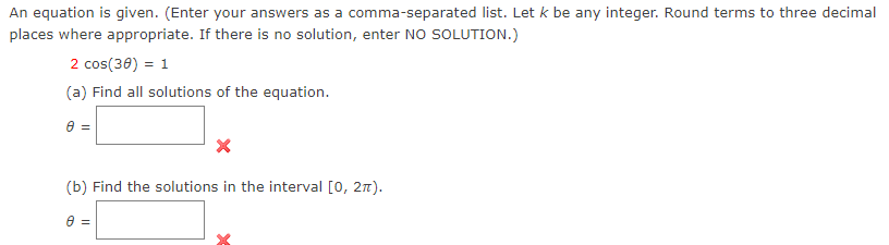 Solved An equation is given. (Enter your answers as a | Chegg.com