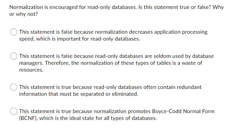 Solved Normalization is encouraged for read-only databases. | Chegg.com