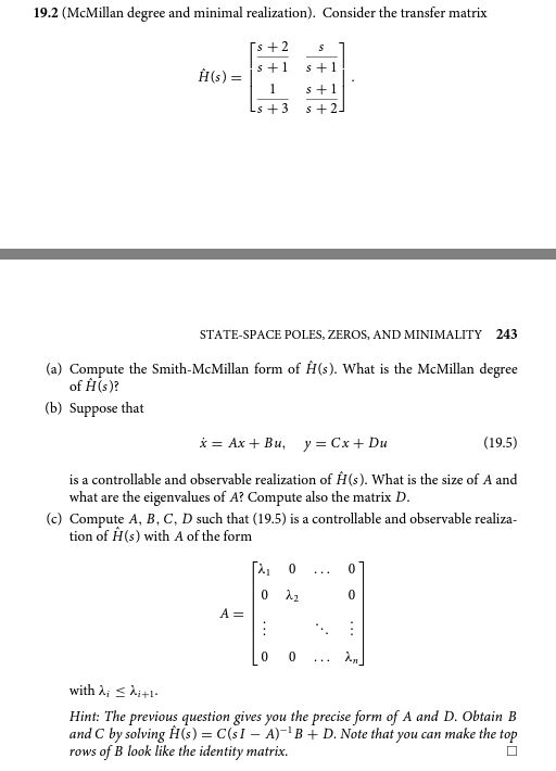 Solved 19 2 Mcmillan Degree And Minimal Realization