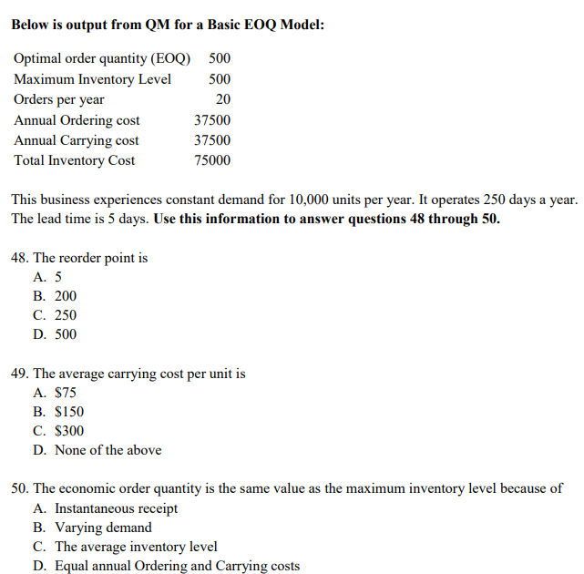 Solved Below is output from QM for a Basic EOQ Model: | Chegg.com