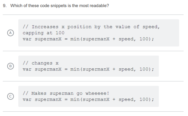Solved 9. Which of these code snippets is the most readable? | Chegg.com