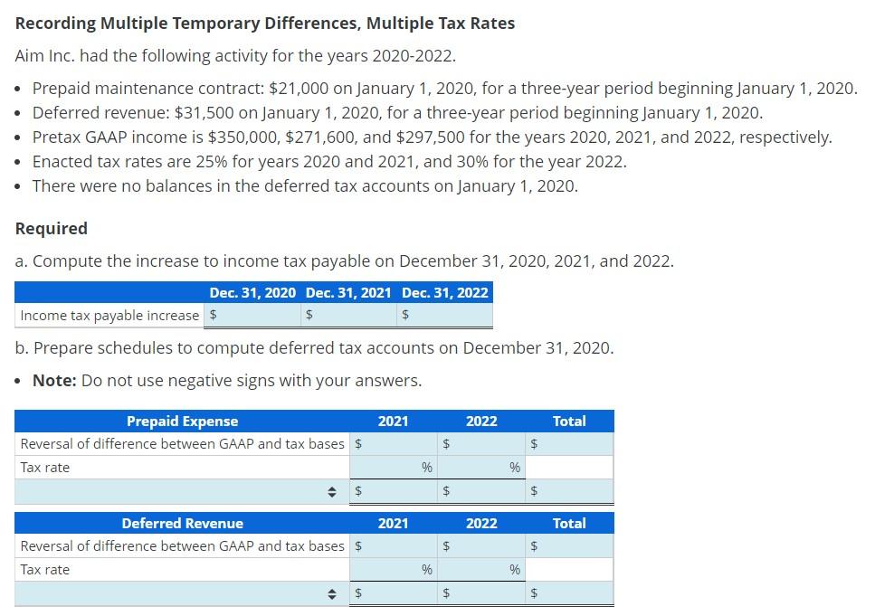 Solved . Recording Multiple Temporary Differences, Multiple | Chegg.com