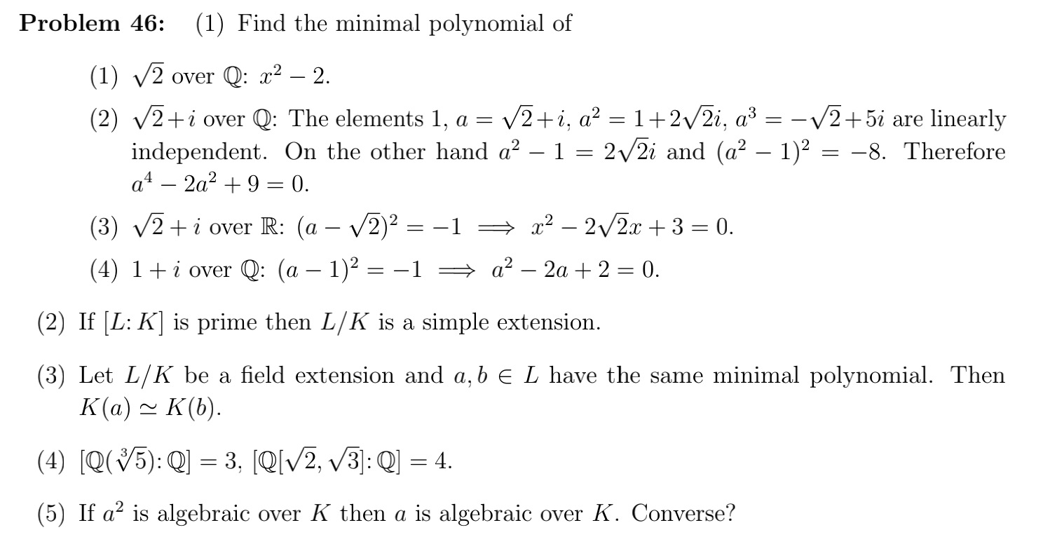 Solved Problem 46: (1) Find the minimal polynomial of - (1) | Chegg.com