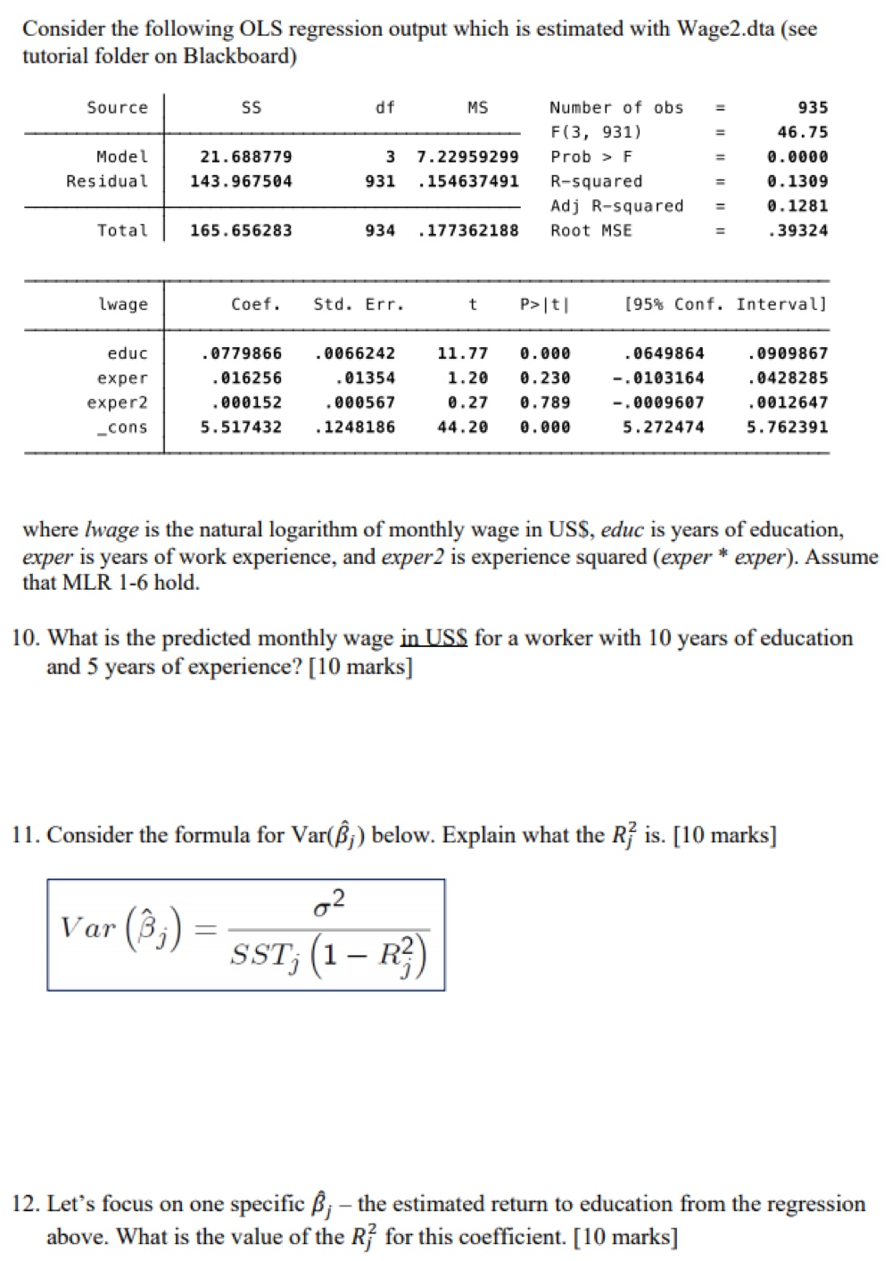 Solved Consider the following OLS regression output which is | Chegg.com