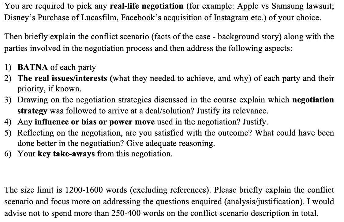 Solved You are required to pick any real-life negotiation | Chegg.com