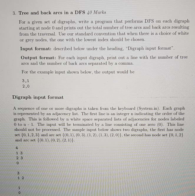 3. Tree and back arcs in a DFS 40 Marks For a given | Chegg.com