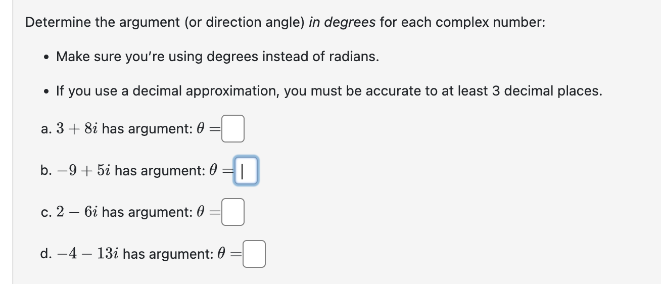Solved Determine the argument (or direction angle) in | Chegg.com