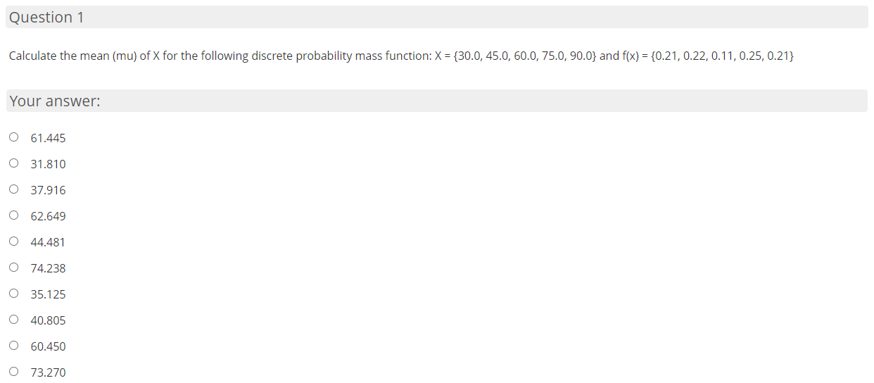 Solved Question 1 Calculate the mean (mu) of X for the | Chegg.com