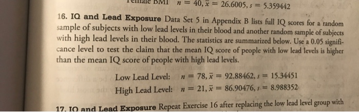 Solved IQ and Lead Exposure Data Set 5 in Appendix B lists | Chegg.com