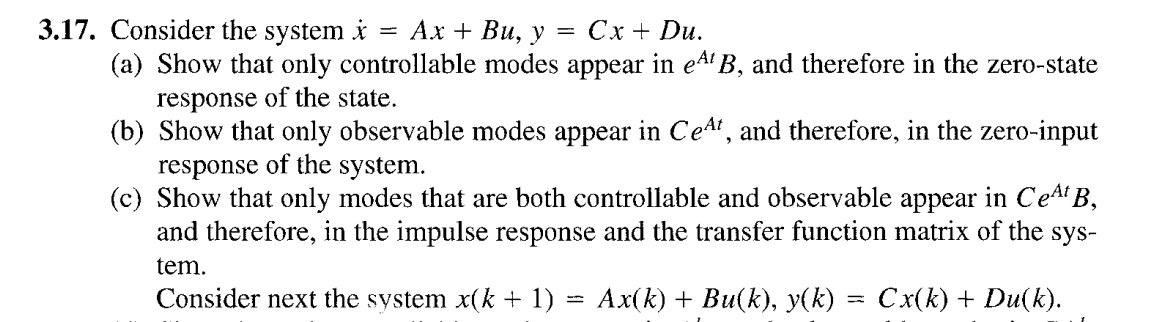 Solved 3.17. Consider the system x˙=Ax+Bu,y=Cx+Du. (a) Show | Chegg.com