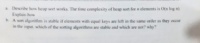Solved a. Describe how heap sort works. The time complexity | Chegg.com