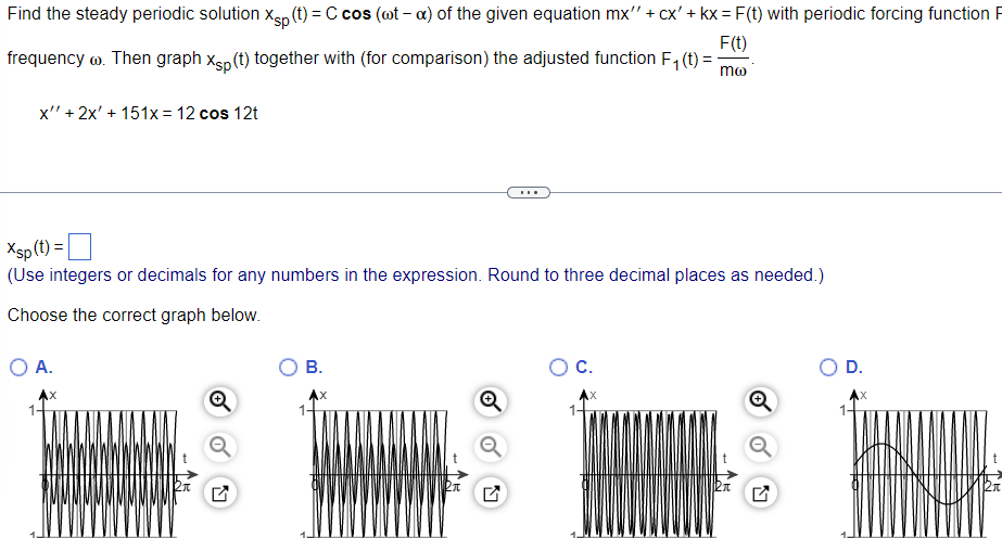 Solved Find the steady periodic solution xsp(t)=Ccos(ωt−α) | Chegg.com