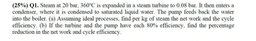 Solved (25%% Q1. Steam at 20bar,360∘C is expanded in a steam | Chegg.com