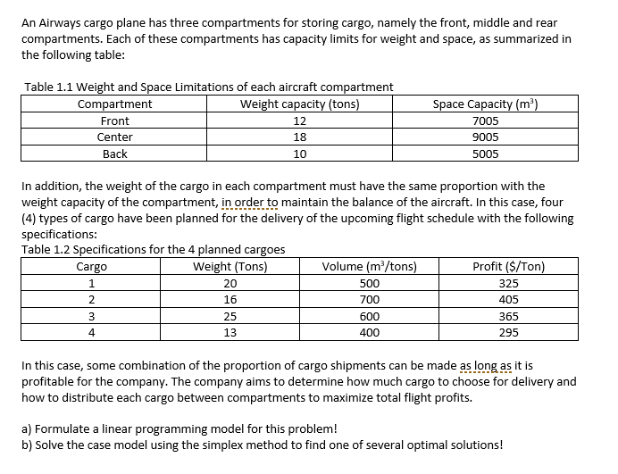 Solved An Airways cargo plane has three compartments for | Chegg.com