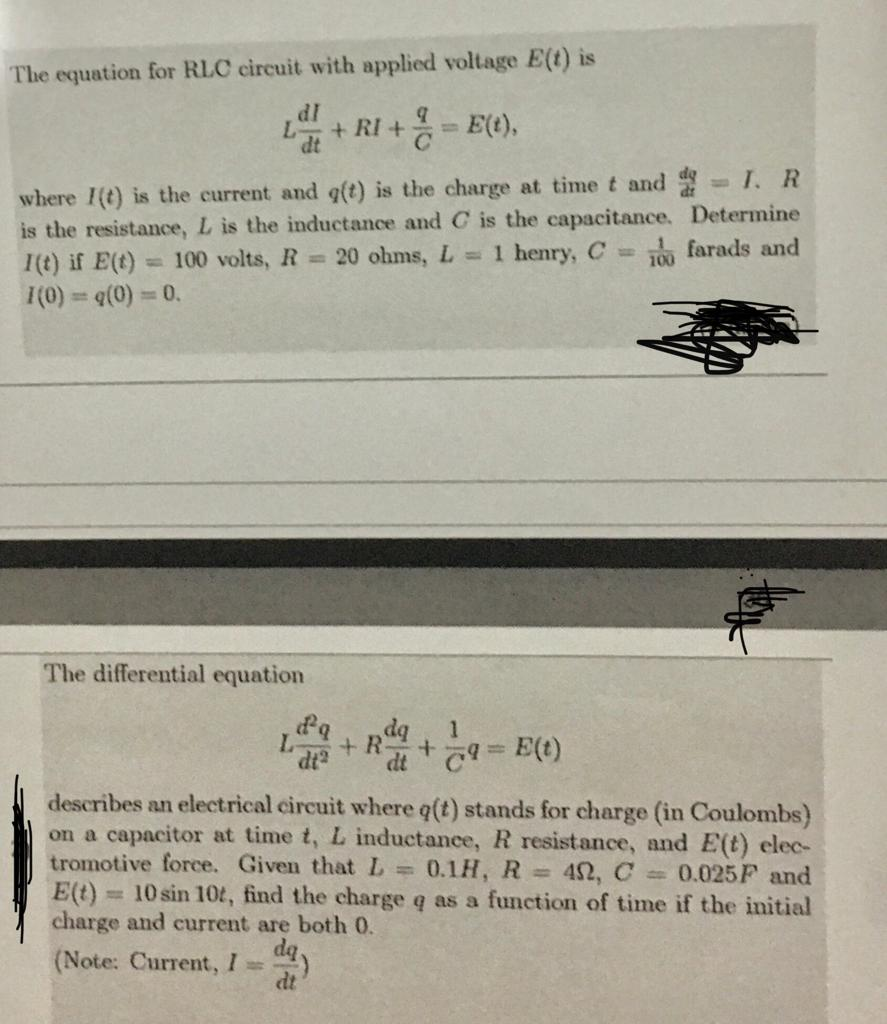 Solved The equation for RLC circuit with applied voltage | Chegg.com