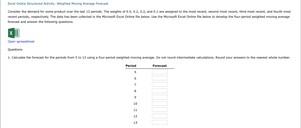 Solved Excel Online Structured Activity: Weighted Moving | Chegg.com