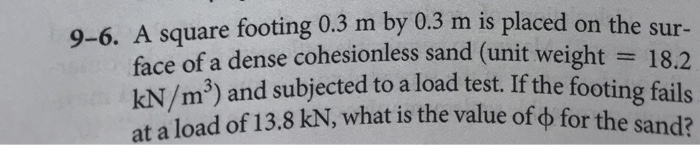 Solved 9-6. A square footing 0.3 m by 0.3 m is placed on the | Chegg.com