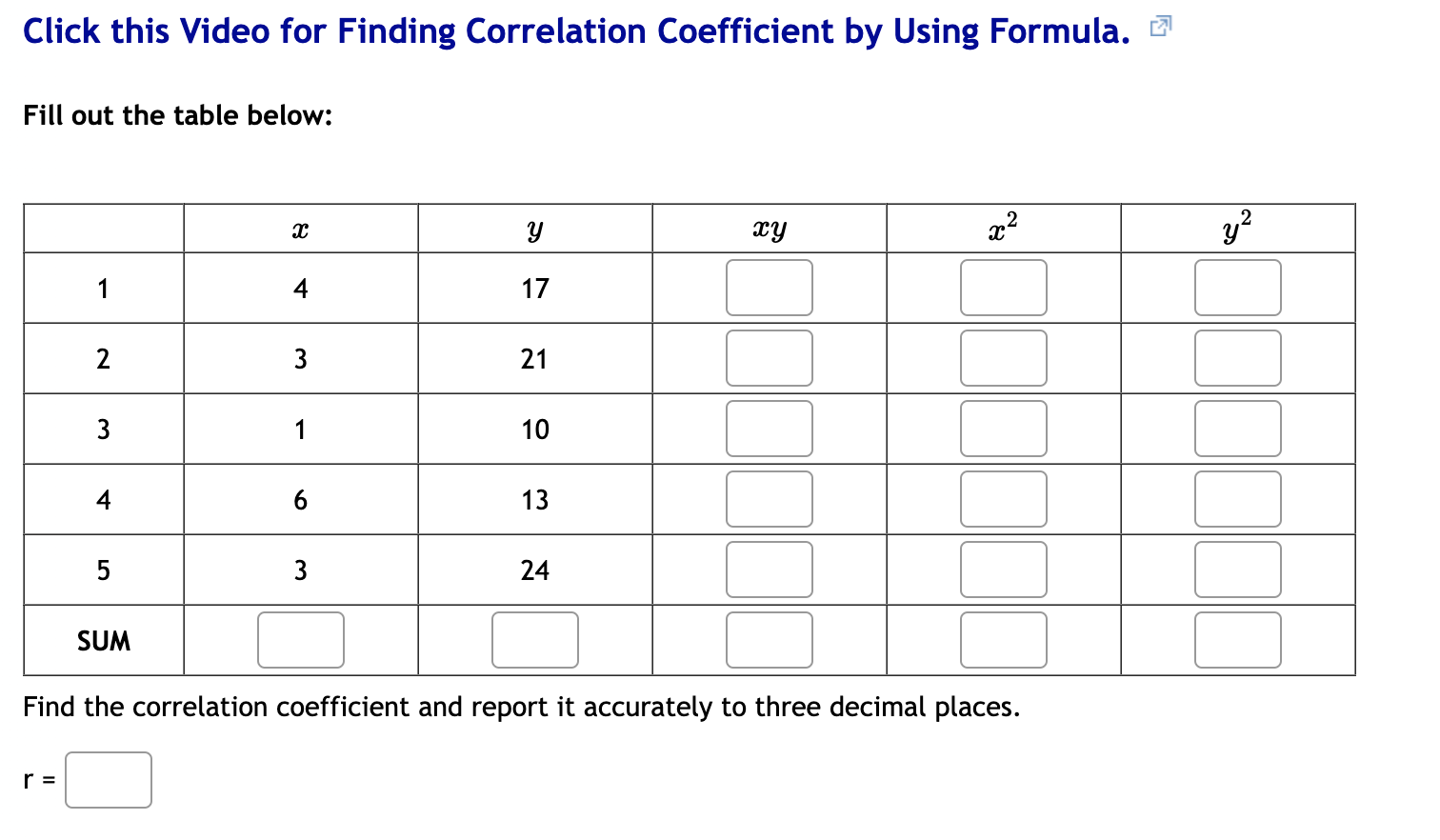 Solved Click this Video for Finding Correlation Coefficient | Chegg.com
