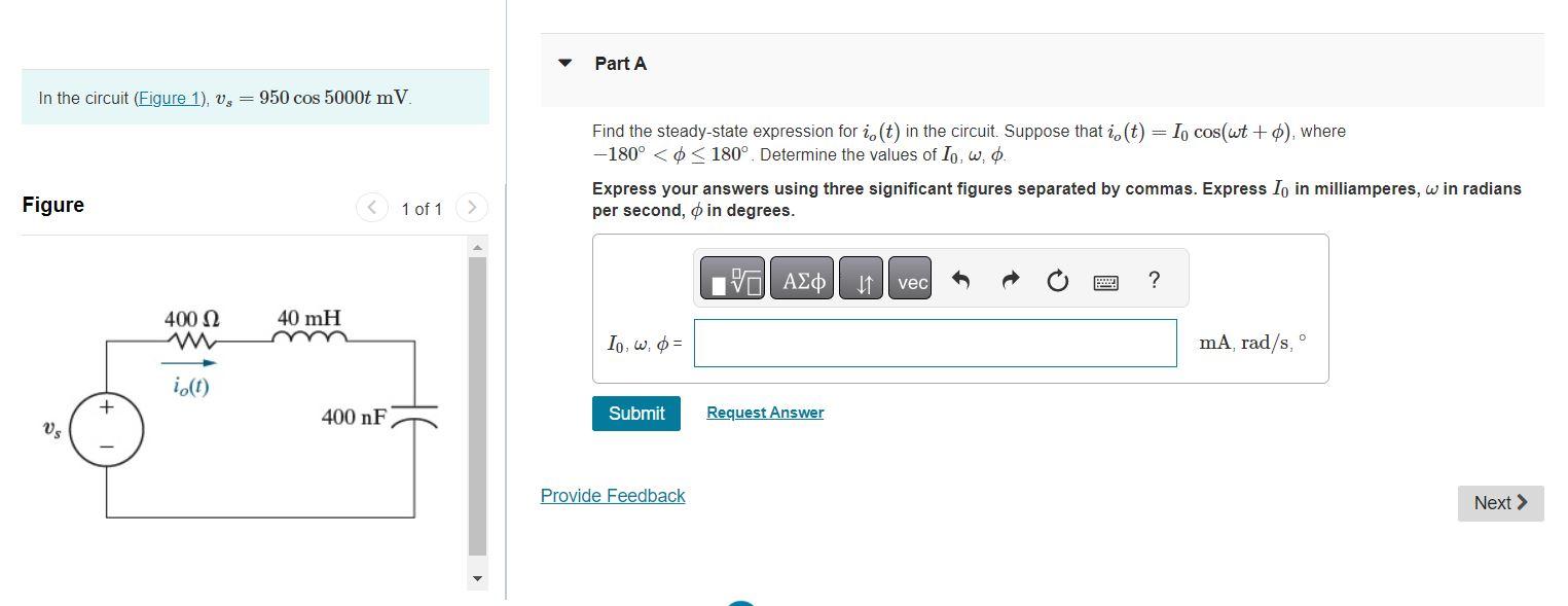Solved In the circuit (Figure 1), vs=950cos5000tmV. Find the | Chegg.com