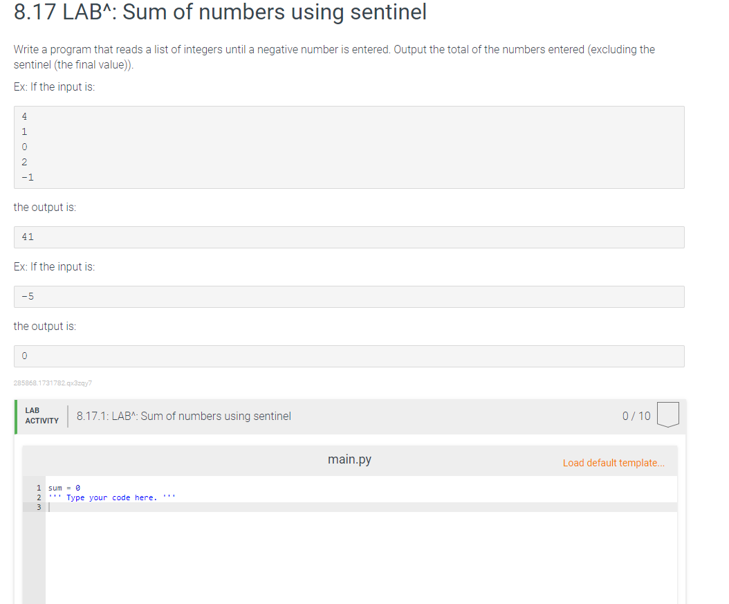 Solved 8.17 LAB“: Sum of numbers using sentinel Write a | Chegg.com