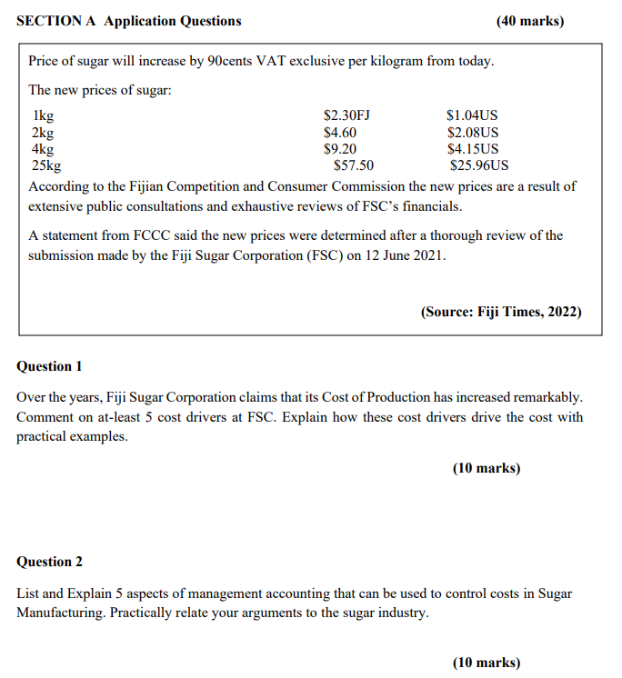 Solved SECTION A Application Questions (40 marks) Price of | Chegg.com