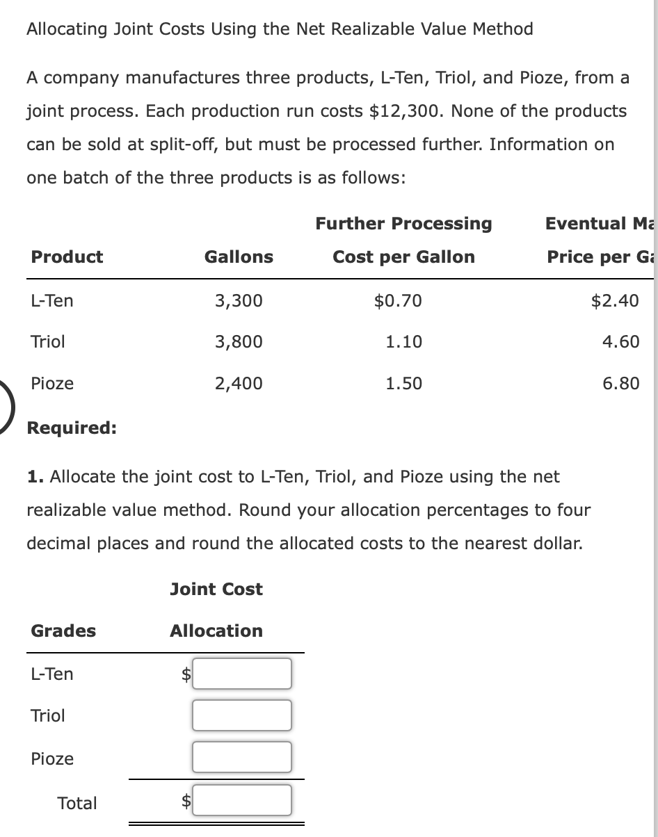 Solved Allocating Joint Costs Using the Net Realizable Value | Chegg.com