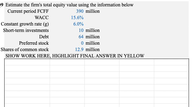 Solved Estimate the firm's total equity value using the | Chegg.com