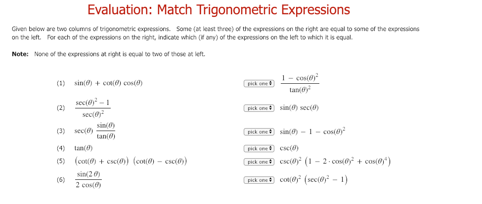 Solved Evaluation: Match Trigonometric Expressions Given | Chegg.com