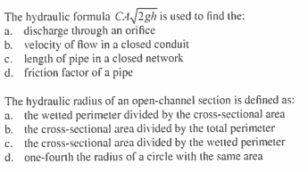 Solved The hydraulic formula C4./2gh is used to find the: a. | Chegg.com