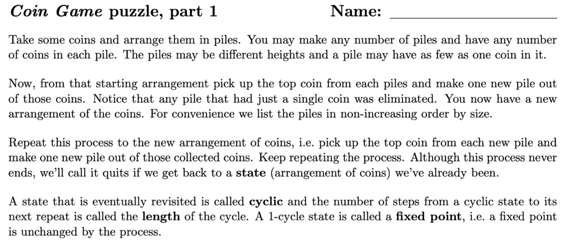 Solved Coin Game puzzle, part 1 Name: Take some coins and | Chegg.com