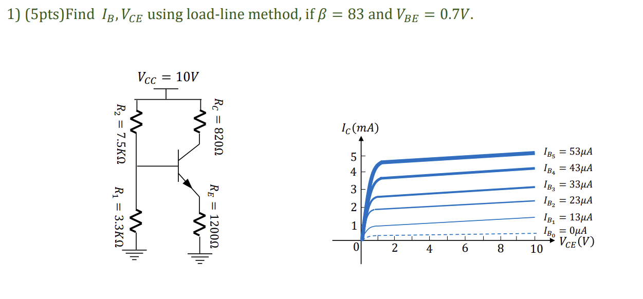 Solved 1) (5pts)Find IB,VCE using load-line method, if β=83 | Chegg.com