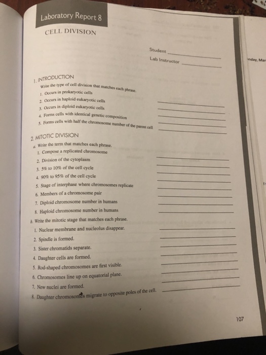 Solved Laboratory Report 8 CELL DIVISION Student Lab | Chegg.com