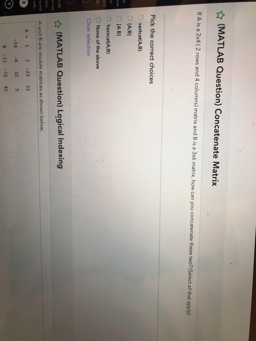 Solved Matlab Question Concatenate Matrix If A Is A 9875
