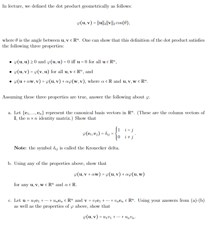 Solved In lecture, we defined the dot product geometrically | Chegg.com