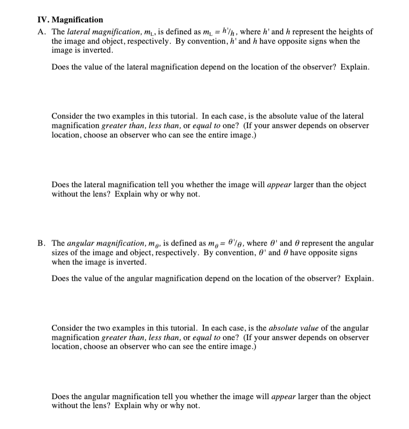 Solved IV.Magnification A.The lateral magnification, mL, is | Chegg.com