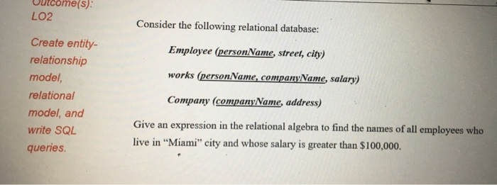 Solved Outcome(s) LO2 Consider the following relational | Chegg.com