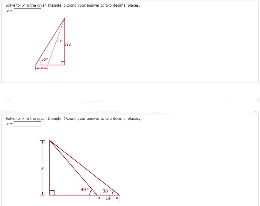 Solved Solve for x in the given triangle. (Round your answer | Chegg.com