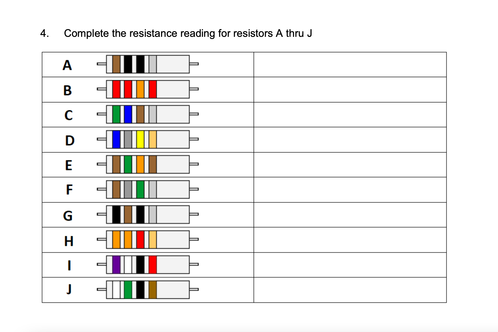 Solved Complete the resistance reading for resistors A thru | Chegg.com