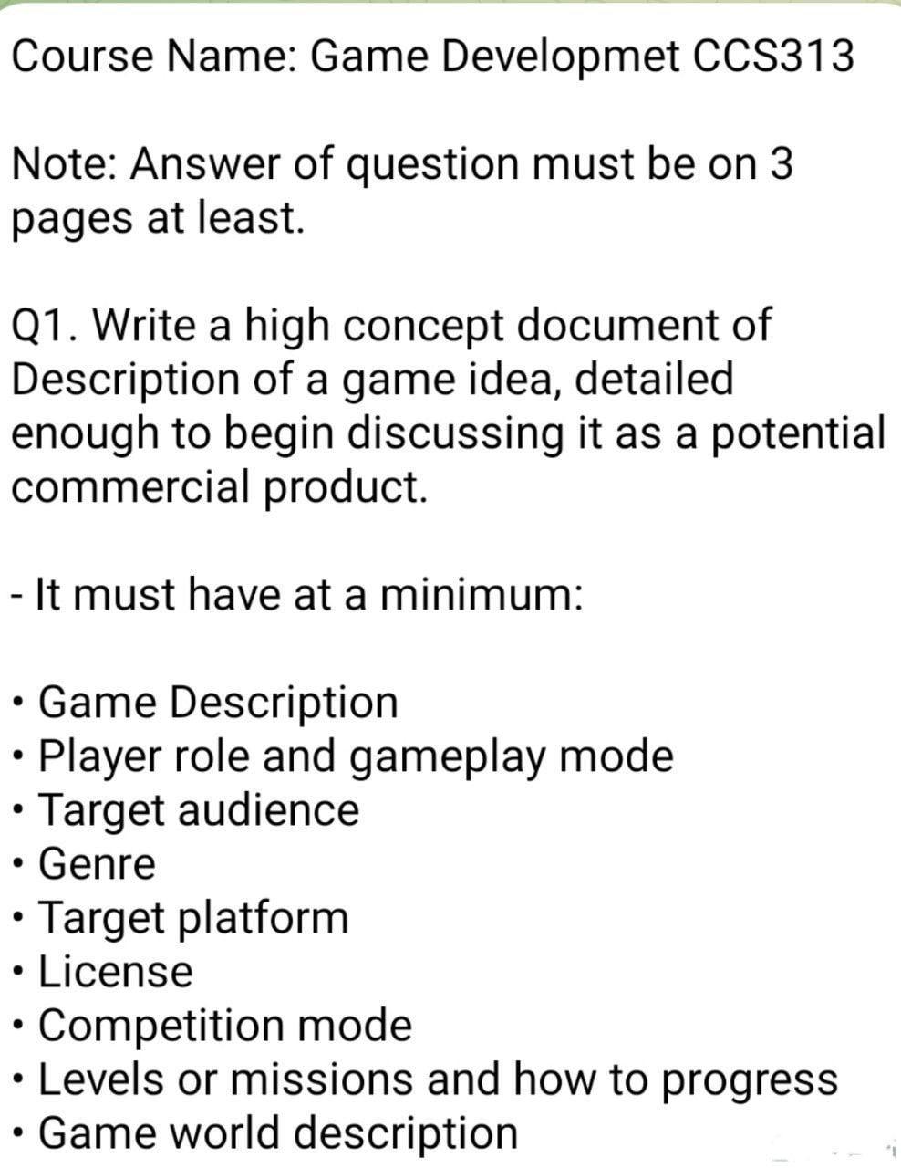 Solved Course Name: Game Developmet CCS313 Note: Answer of | Chegg.com