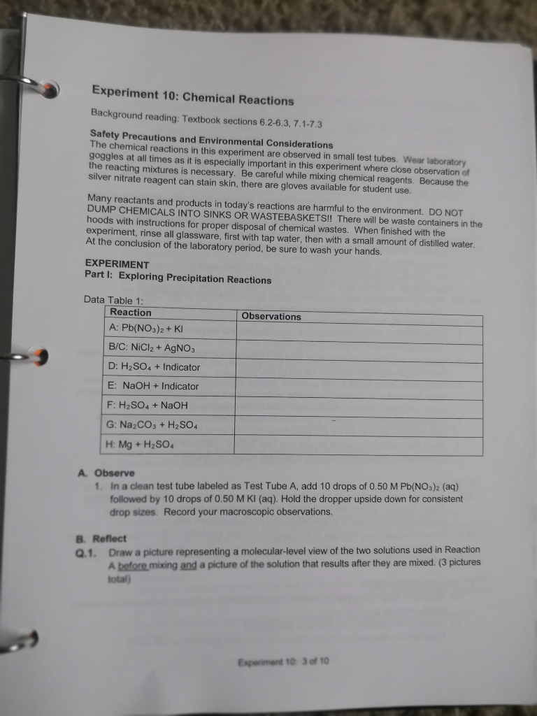 Solved Pre-Lab experiment: Chemical Reactions 1. | Chegg.com