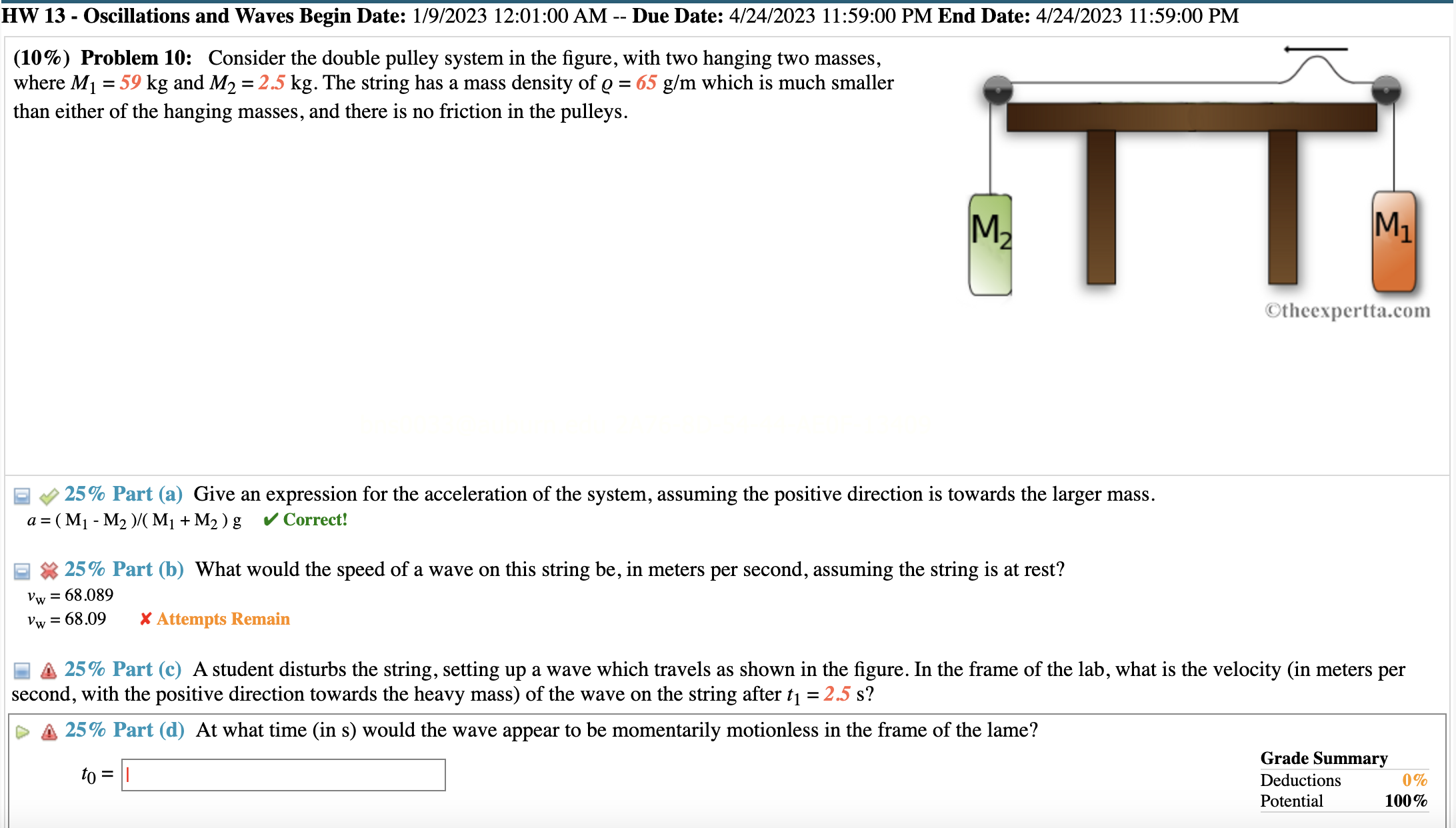 (10\%) Problem 10: Consider the double pulley system | Chegg.com