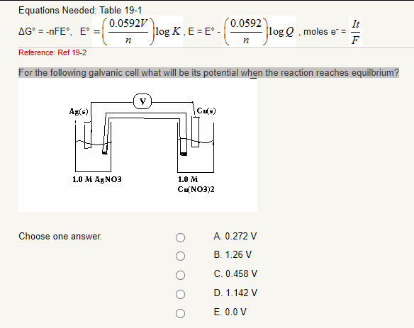Solved Equations Needed: Table 19-1 ΔG∘=−nFEE∘,E∘=(n0.0592 | Chegg.com