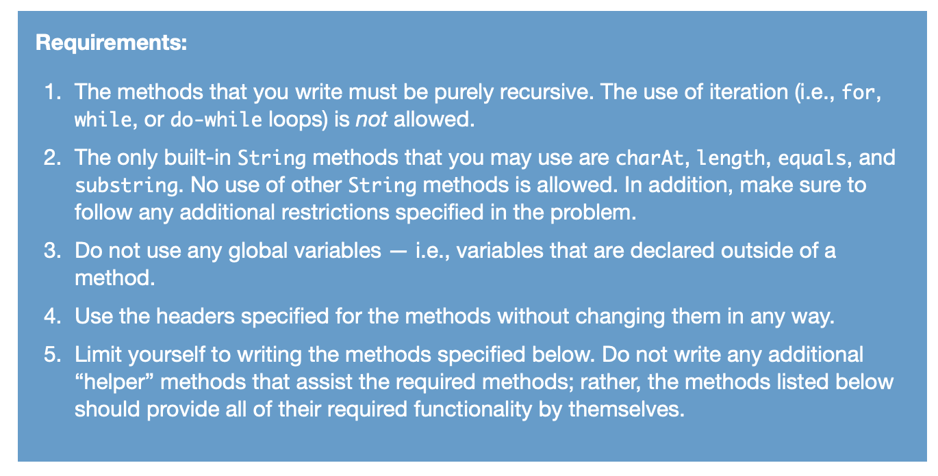 Solved Requirements: 1. The methods that you write must be | Chegg.com
