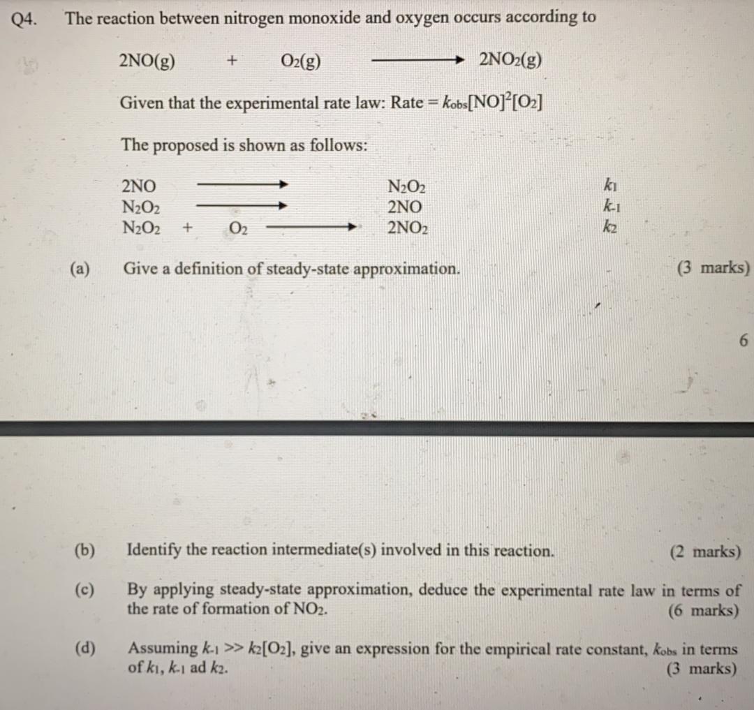 Solved Q4. The reaction between nitrogen monoxide and oxygen | Chegg.com