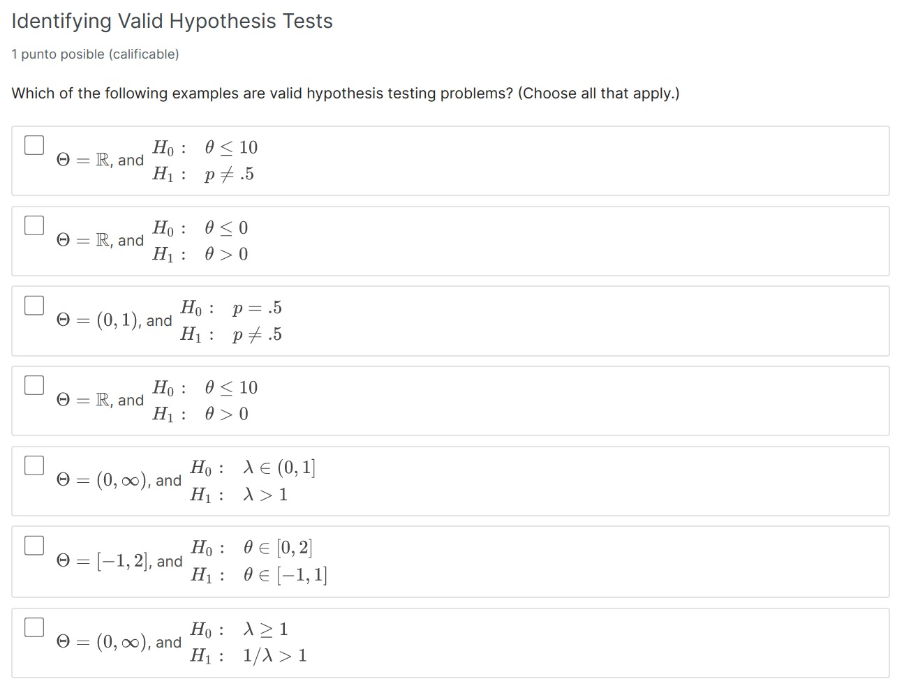 Solved Identifying Valid Hypothesis Tests 1 punto posible | Chegg.com