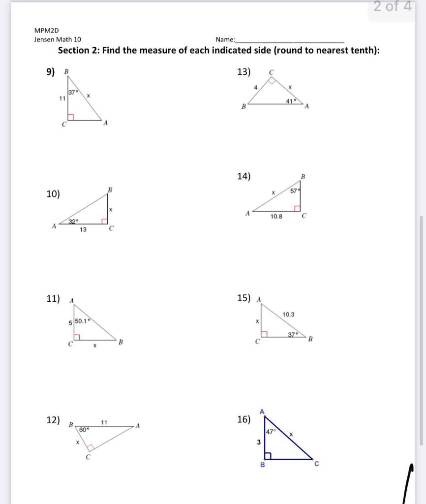 Solved 2 of 4 MPM2D Jensen Math 10 Name: Section 2: Find the | Chegg.com